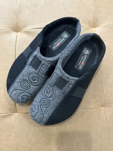 Haflinger Clog Shoes Mules Cork Black Gray Wool Embroidered Swirls 39 ...