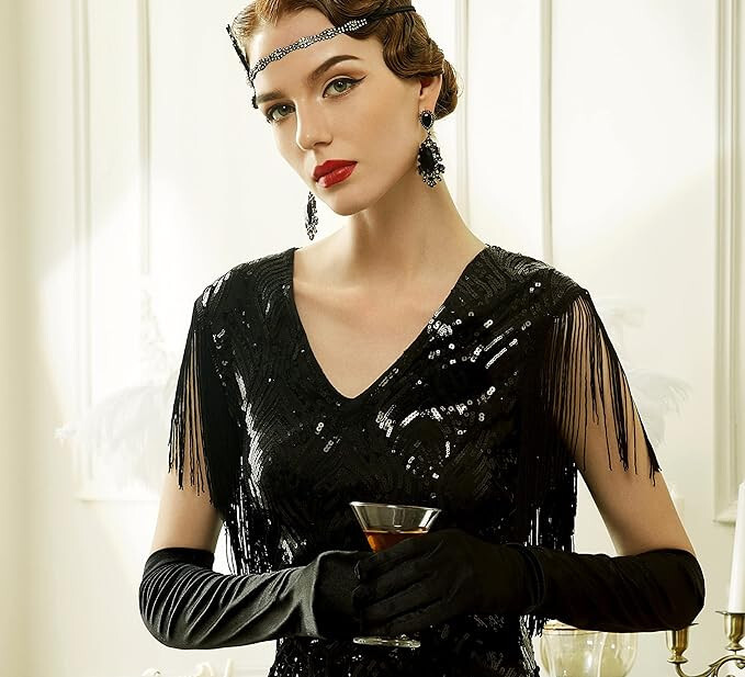 Black 16" Opera Tea Party Gloves 1920 satin look costume stretch adult ...