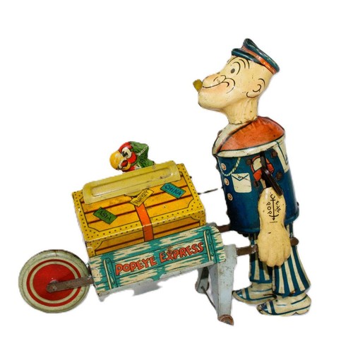 1930’s Marx Mechanical Tin Litho Wind-Up Popeye Express Baggage Carrier ...