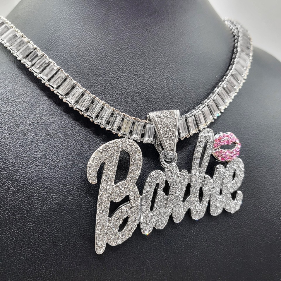Gold Plated Large Barbie Pendant & Iced Baguette Cubic Zirconia Chain ...