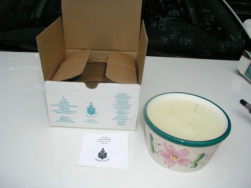 PARTYLITE FLORAL DELIGHT 3 WICK CANDLE IN HOLDER P1309 RETIRED HTF NEW ...