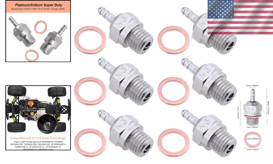 6pk Hot Glow Plug N3 RC Nitro Engine 8mm Copper Nickel Top Improved ...