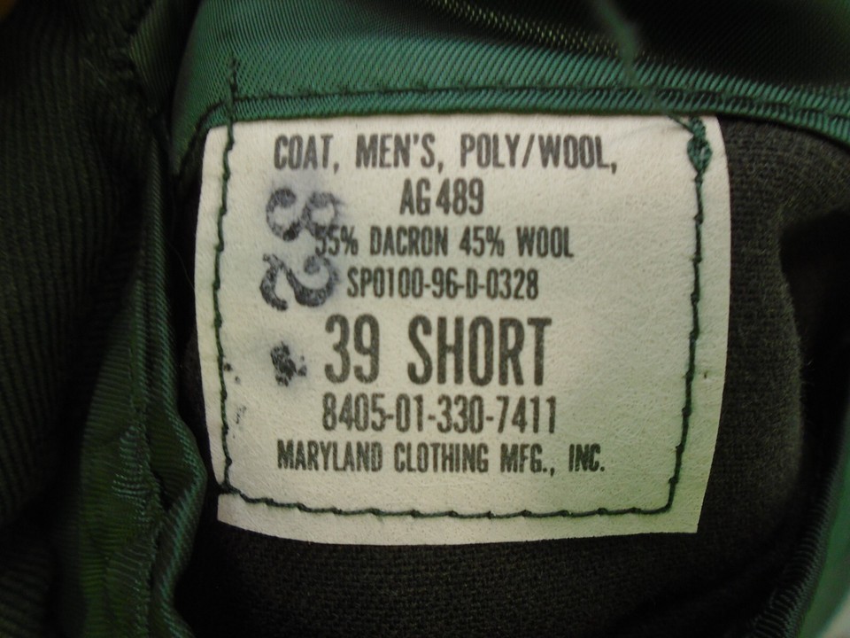 USGI US Army Class A Uniform Coat Size 39 Short AG 489 Green Poly Wool ...
