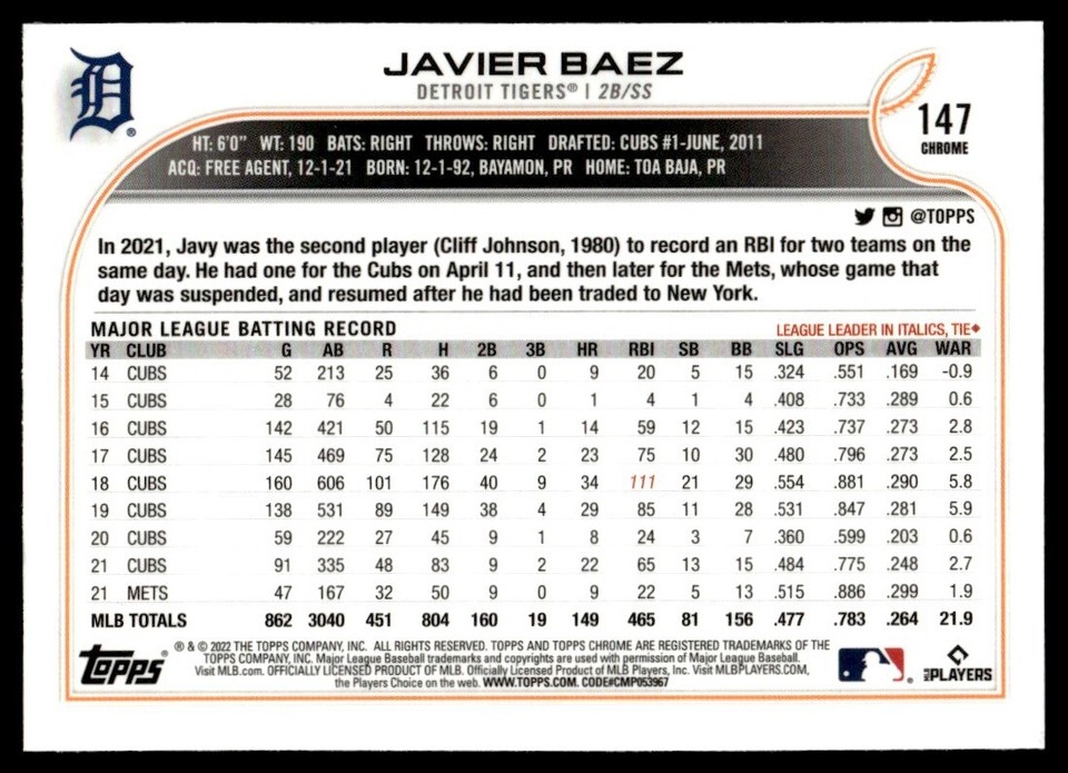 2022 Topps Chrome Pink Javier Baez G43 Detroit Tigers #147 | eBay