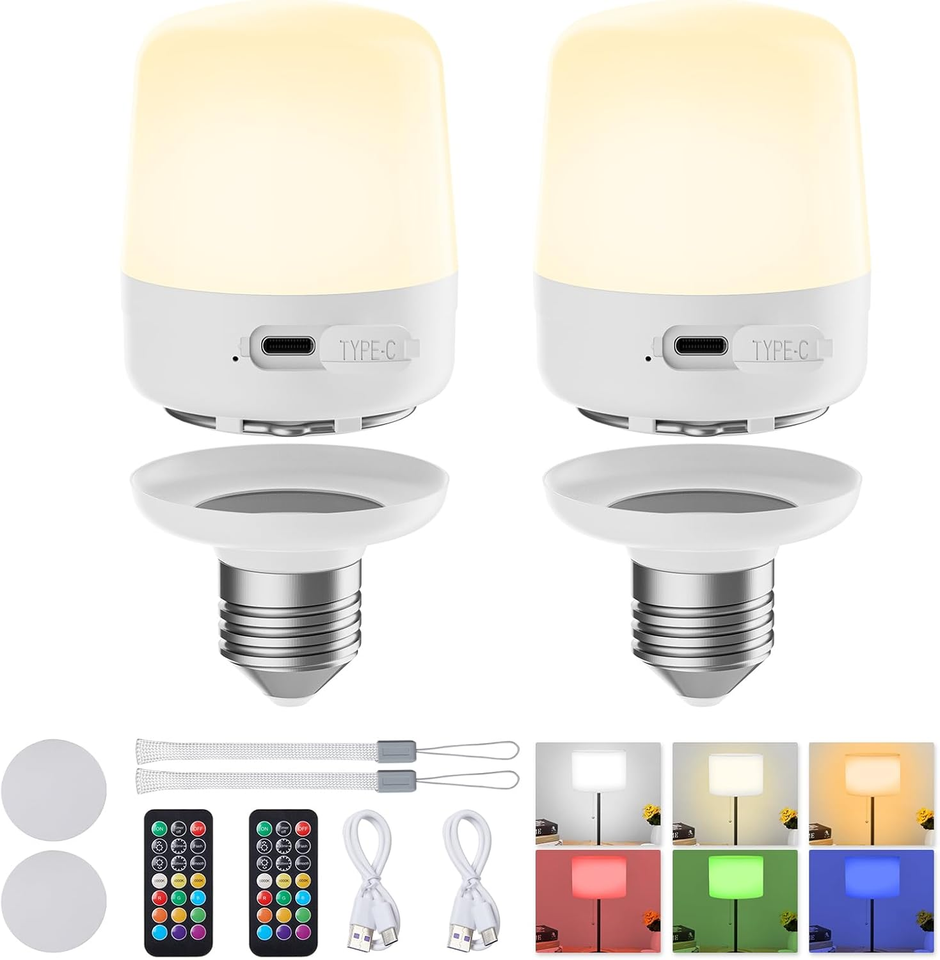 E26 Rechargeable Light Bulbs with Remote and Timer, Battery Backup Bulb ...