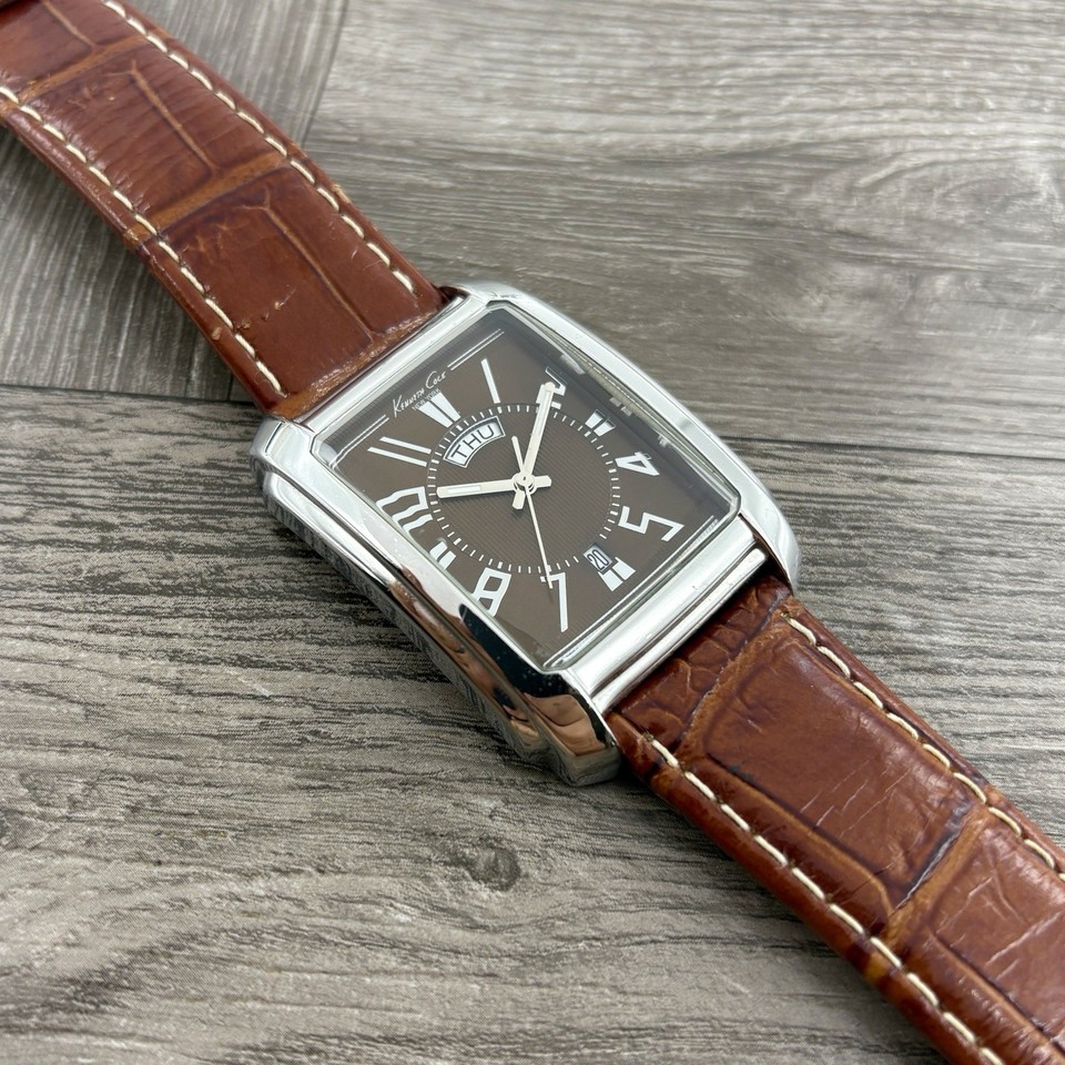 KENNETH COLE Stainless Steel Men's Dress Date Leather Quartz Wrist ...