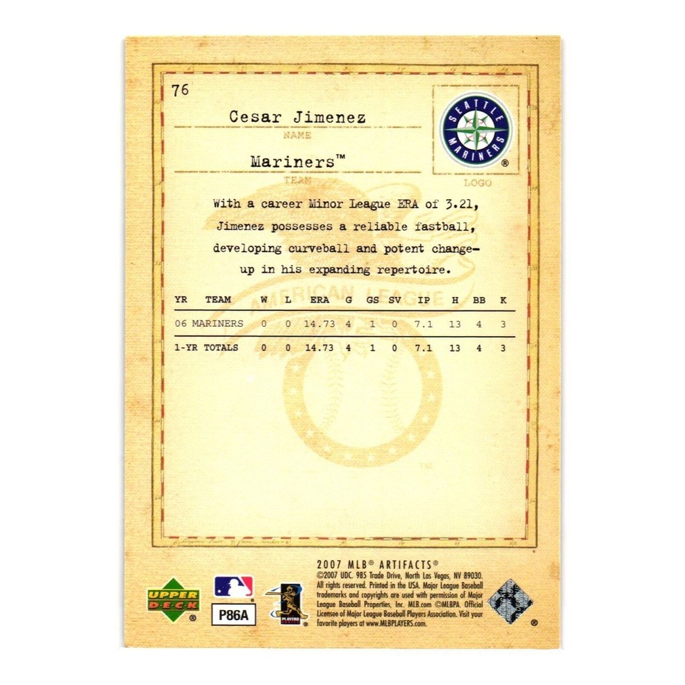 2007 Upper Deck Artifacts MLB Cesar Jimenez 76 Seattle Mariners Rookie ...