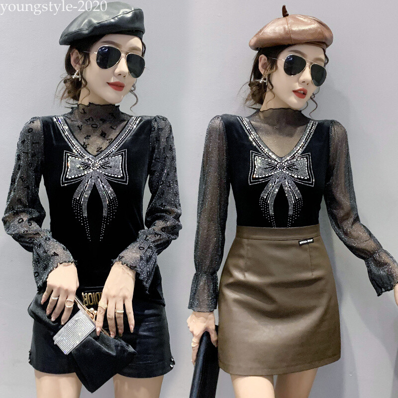 Women Sexy Rhinestone Mesh Sheer Mock Neck Party Club Slim Tops ...