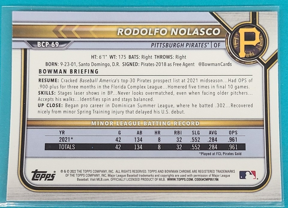 2022 Bowman Chrome Prospects #BCP-69 Rodolfo Nolasco Pirates BASEBALL ...