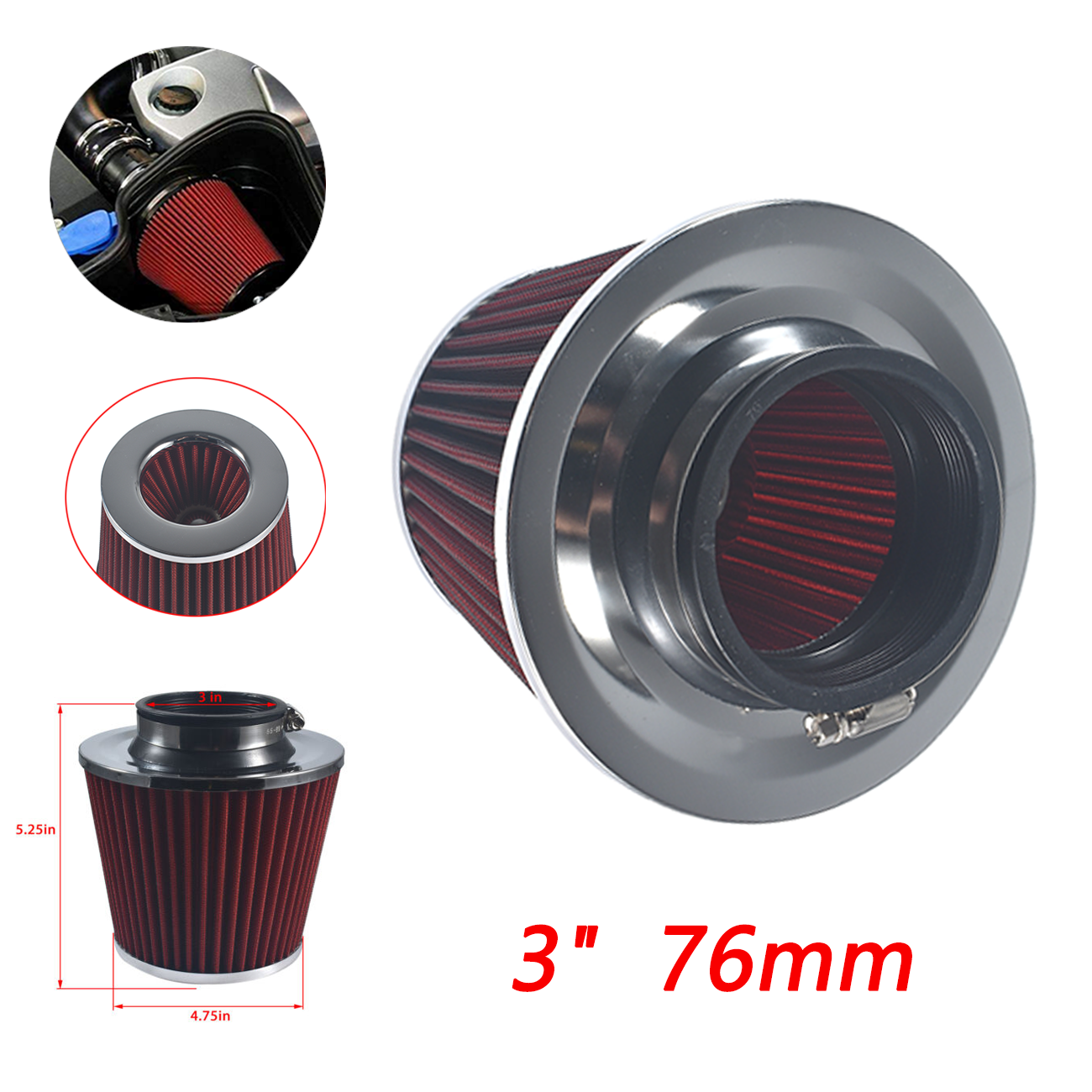 Red 3" 76mm Performance High Flow Cold Air Intake Cone Replacement Dry ...