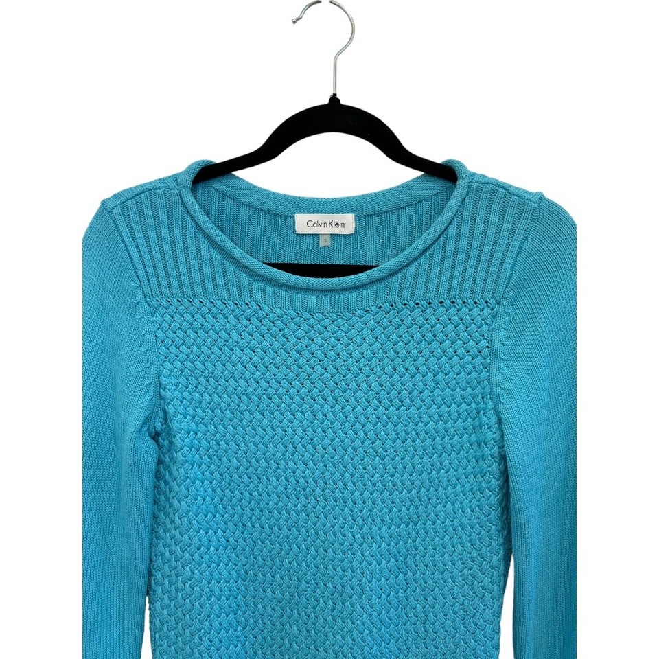 Calvin Klein Long Sleeve Cotton Blend Knit Turquoise Sweater Size Small ...