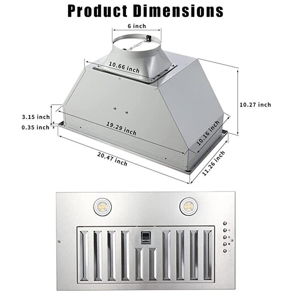 20/30/36 inch Insert Range Hood 800CFM Kitchen Built in Vent 3-Speed ...