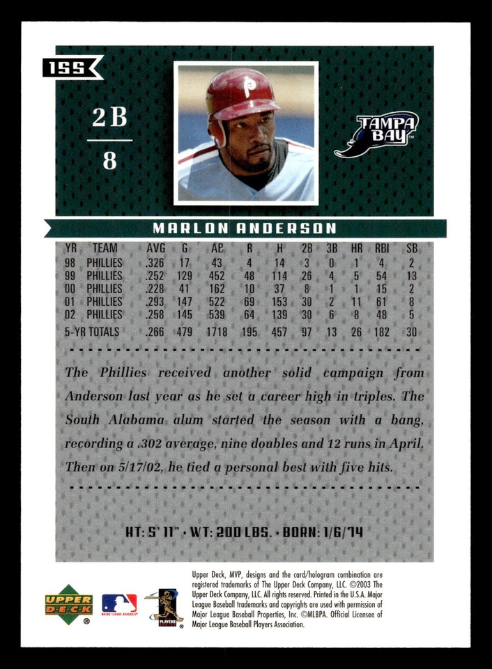 2003 Upper Deck MVP #155 Marlon Anderson Tampa Bay Devil Rays Phillies ...