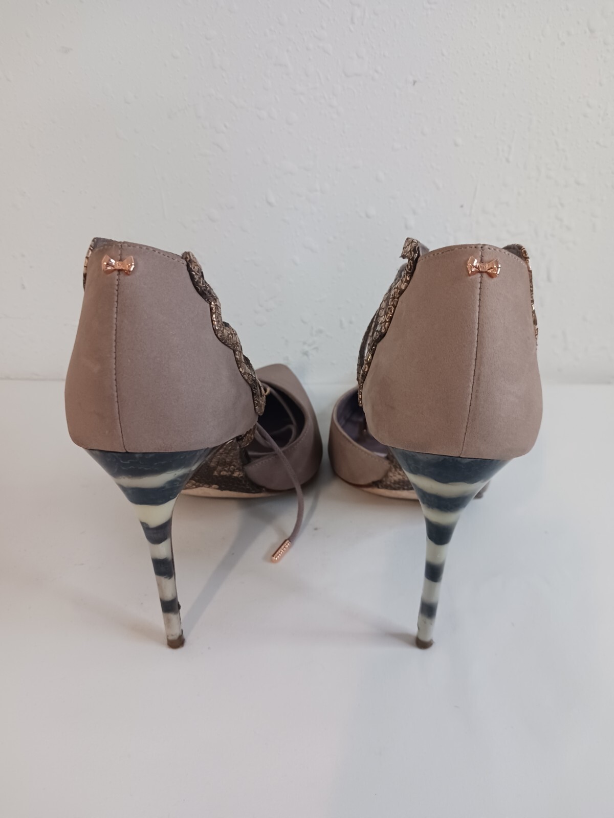 Ted Baker suede Stilletos tan beige zebra/ rose gold Heals Size 38/7.5 ...
