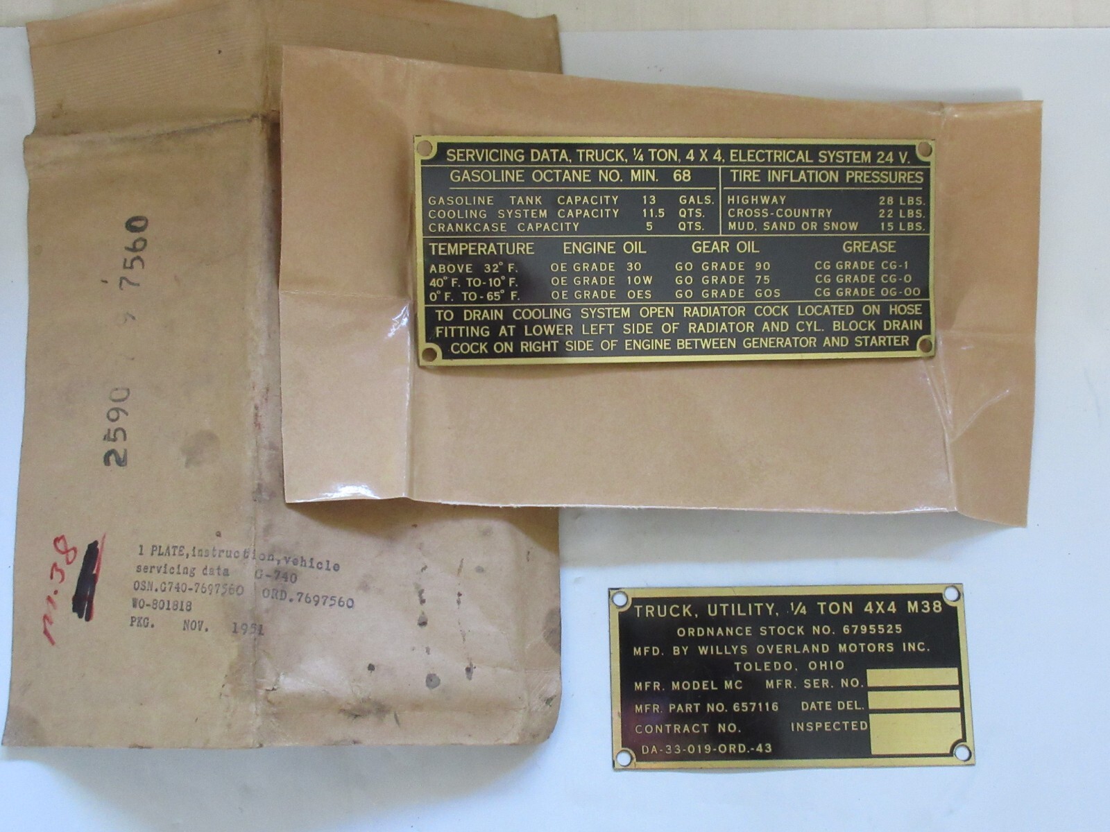 Original NOS Brass Data Plates for Willys M38 Military Jeep G740 | eBay