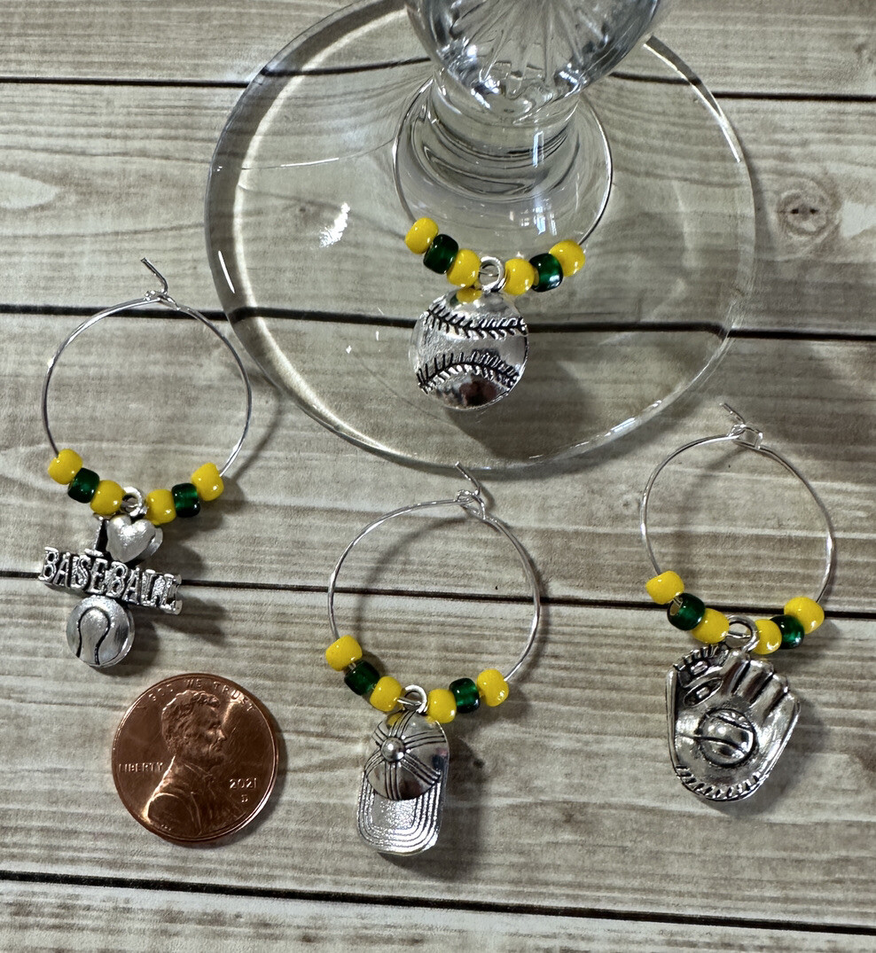 Baseball Wine Charms, Four Wine Charms, Green Yellow Baseball Wine ...