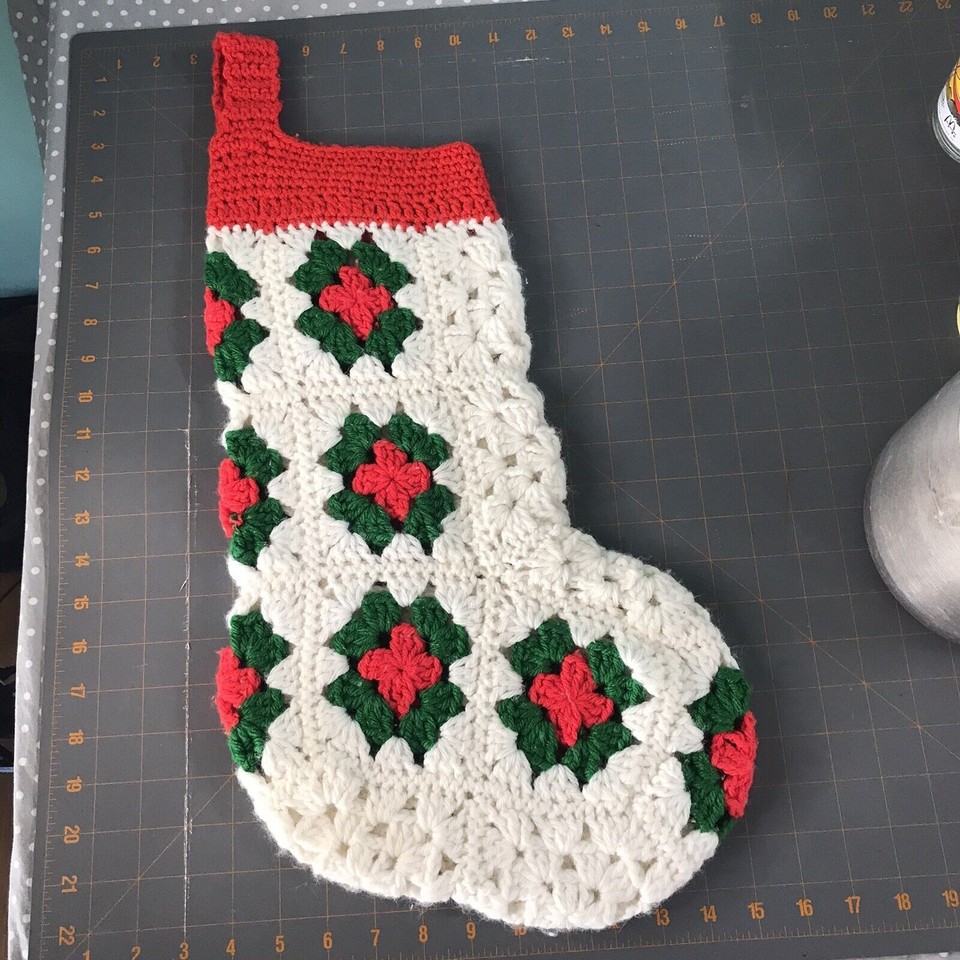 Vintage Handmade Granny Square Crochet Christmas Stocking Green Red ...