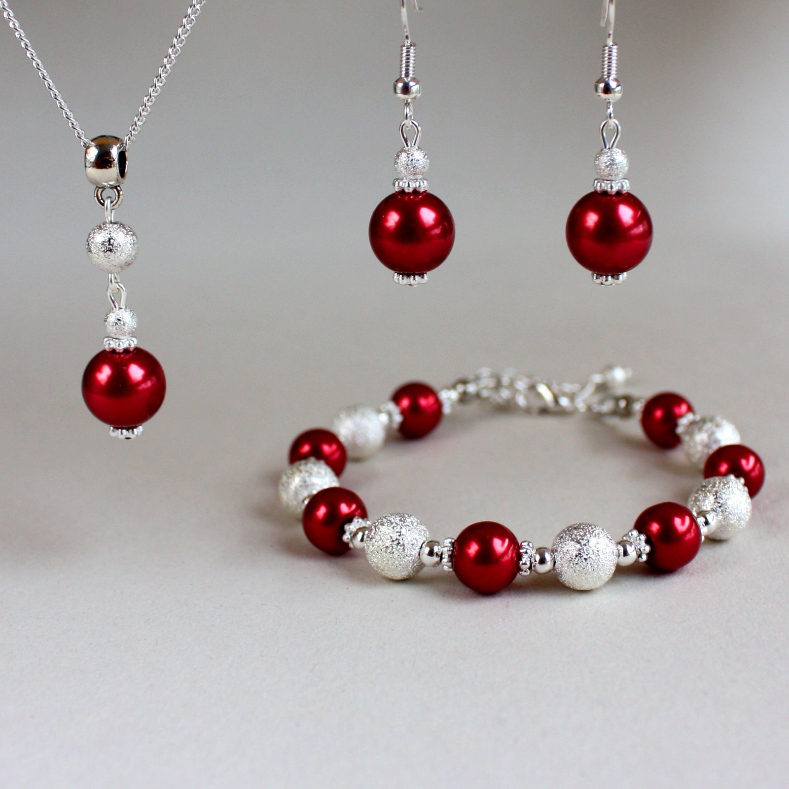 Red pearl necklace bracelet earrings silver wedding bridesmaid ...