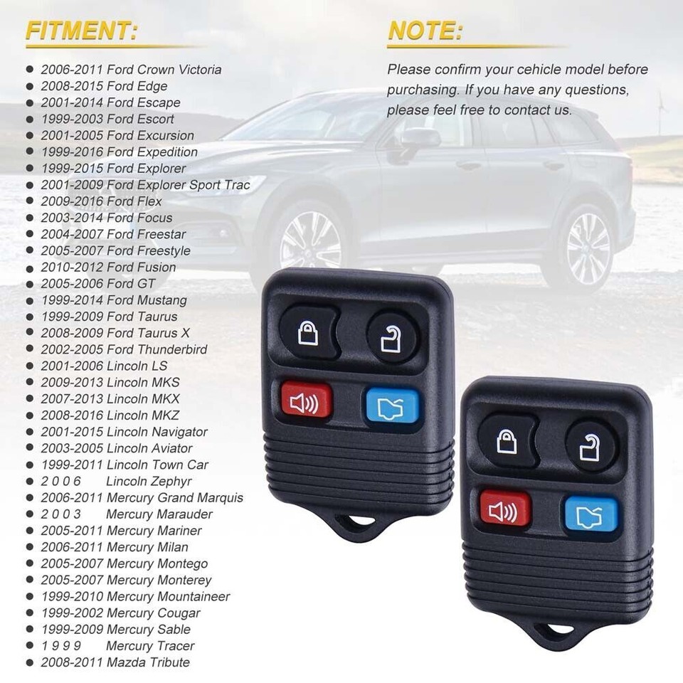 2 Keyless Entry Remote Control 4 Button Car Key Fob Clicker Transmitter ...