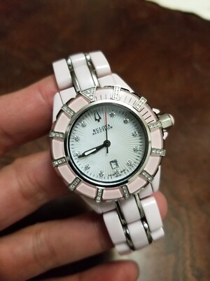 Bulova Rare Pink Ceramic Natural Diamonds Ladies Watch Guarantee 100% ...