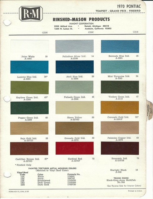 1970 PONTIAC GTO LEMANS FIREBIRD GRAND PRIX TEMPEST PAINT CHIPS (R-M ...