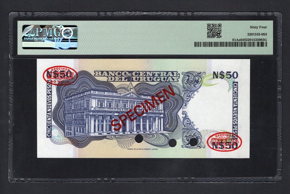 Uruguay 50 Nuevos Pesos ND(1988-89) P61As "Specimen N.002" UNC Grade 64 ...