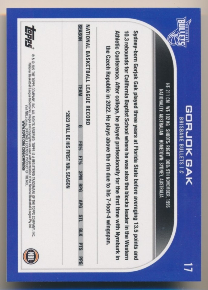 #17 GORJOK GAK 2022-23 Topps NBL National Basketball League RC BRISBANE BULLETS | eBay