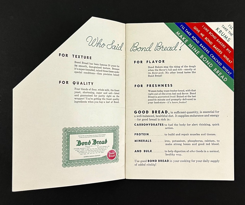 1935 General Baking Co Bond Bakers Bread Krums Wheat Vintage Recipe ...