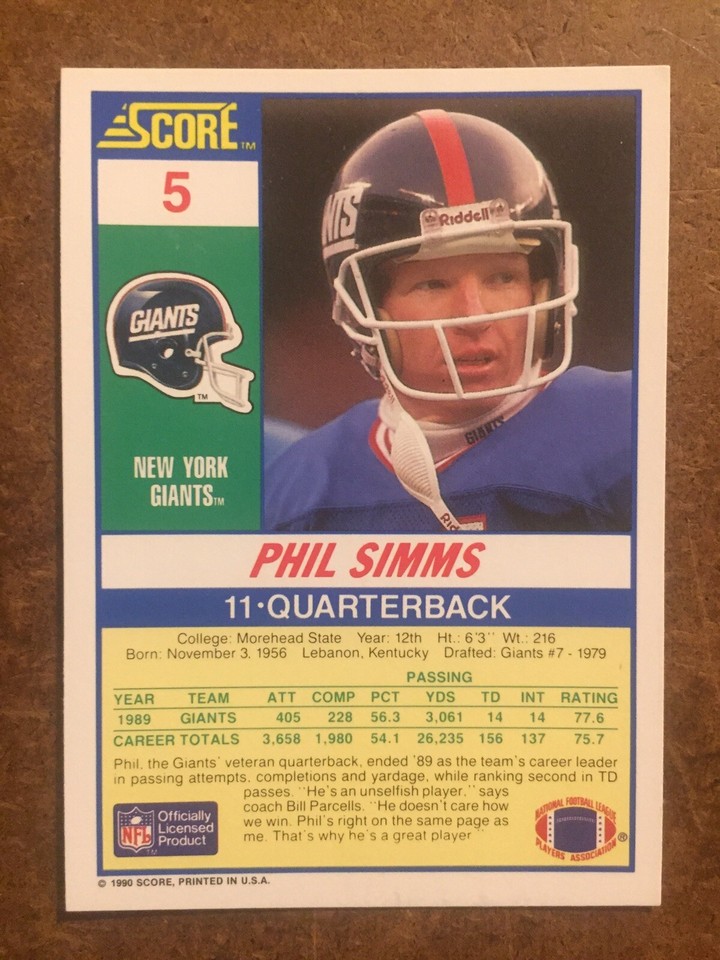 Phil Simms 5 NFL Score 1990 Trading Card | eBay