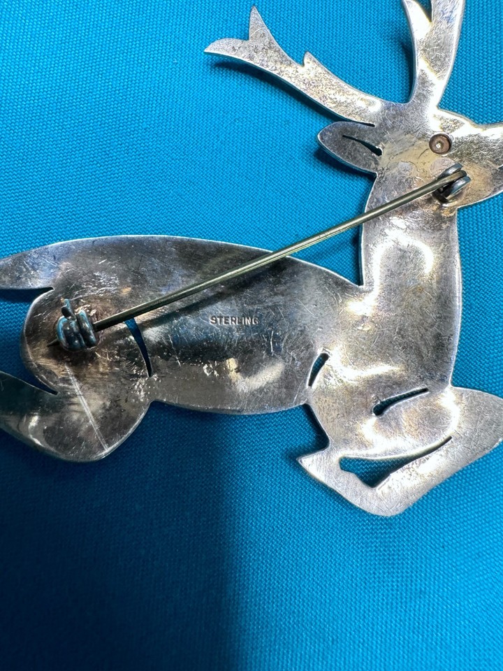 Mexico Silver Leaping Reindeer Turquoise Eye Stag Deer Buck Pin/Brooch ...
