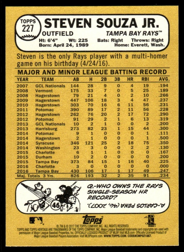 Steven Souza Jr. 2017 Topps Heritage #227 Tampa Bay Rays 25771 Baseball ...