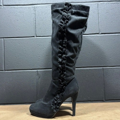 Anne Michelle Strut Black Knee High Stiletto Heel Ruffle Boots Sz 9 | eBay