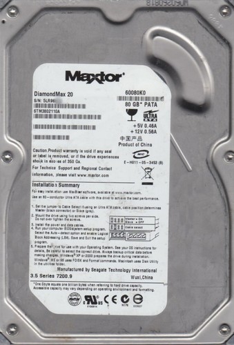 80 GB IDE Maxtor DiamondMax 20 P-ATA STM3802110A/60080K0 7200RPM 3.5 ...