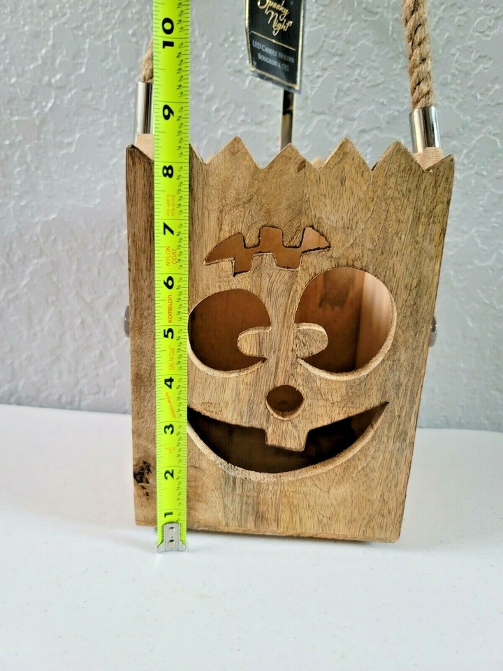 Authentique Spooky Night LED Candle Holder Wood Halloween Pumpkin 8" | eBay