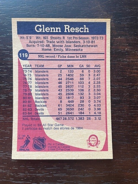 1984-85 O-Pee-Chee OPC Set Break #119 Glenn "Chico" Resch New Jersey ...