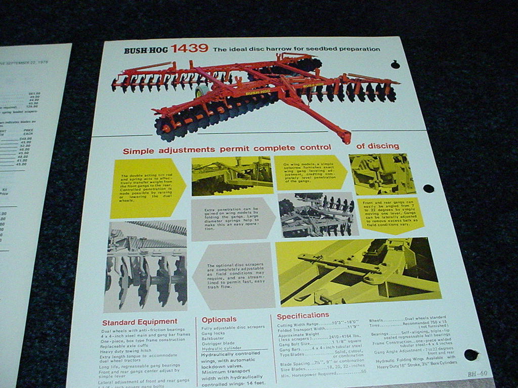 Bush Hog 1439 Disc Harrow Color Flyer Sales Brochure + Specs & Price ...