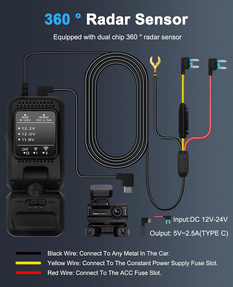 Dash Cam Hardwire Kit USB C Port,With Dual-Chip 360° Radar Sensor for ...