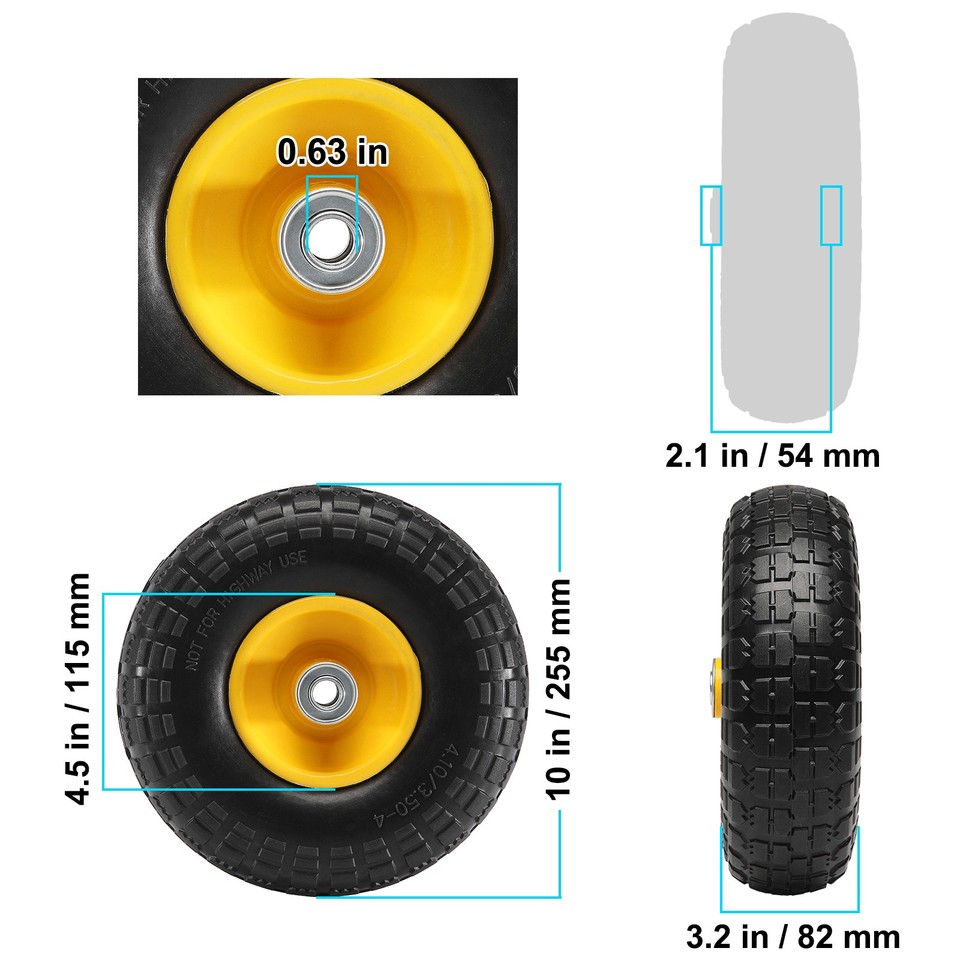 Solid PU Run-Flat Tire Wheel Flat Free Tubeless Tire 10" 2-Pack 400 lbs ...