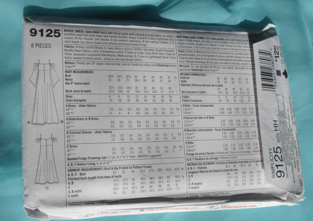 Simplicity 9125 Renaissance Period Dress Empire No Shoulder 6-12 Uncut ...