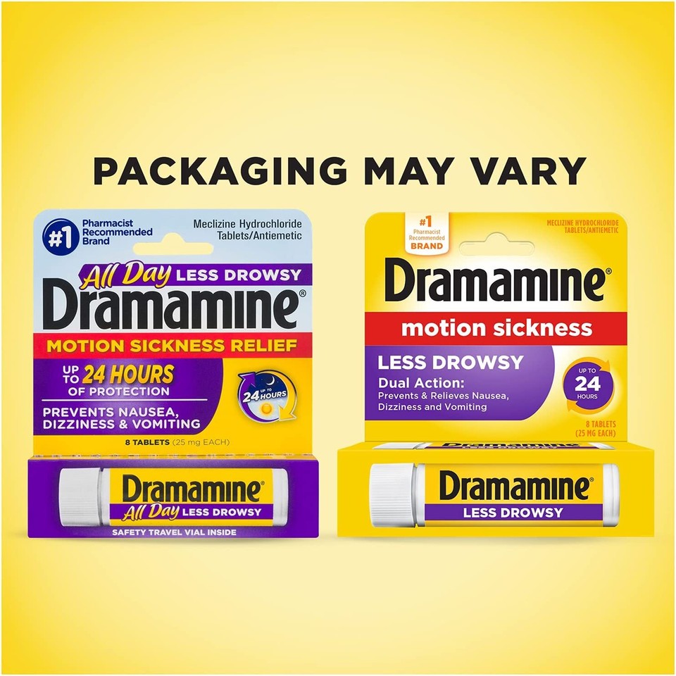 Dramamine Motion Sickness Less Drowsy, Travel Vial, 8 Count ( Pack of 2 ...