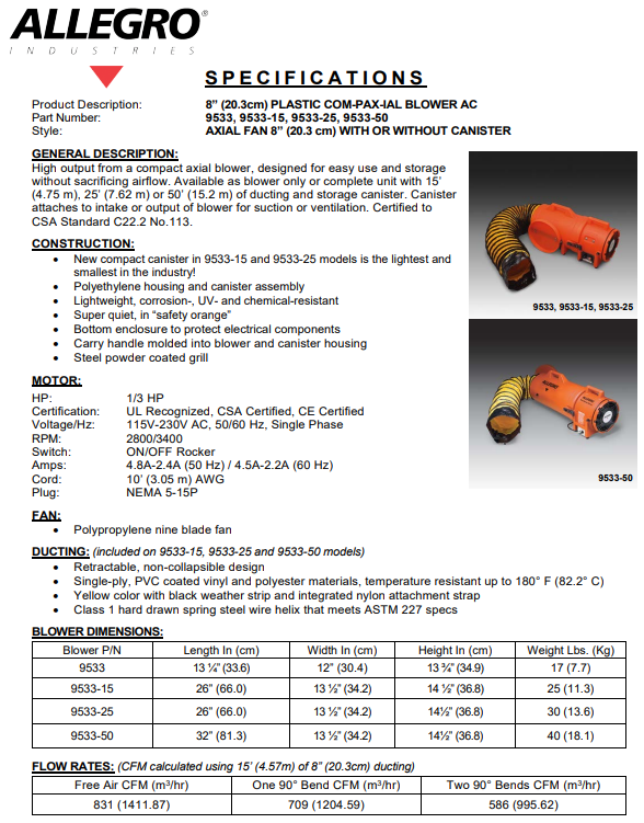 Allegro 9533-25' Duct Portable Confined Space Jobsite Ventilation ...