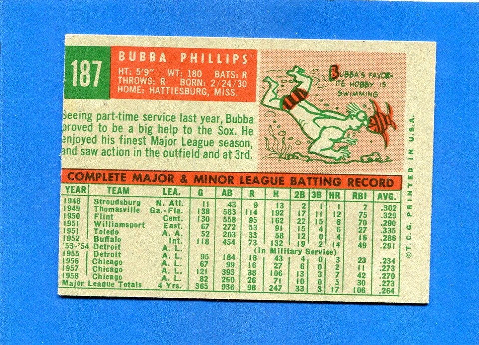 1959 TOPPS BASEBALL #187 BUBBA PHILLIPS CHICAGO WHITE SOX EXMT NICE ...