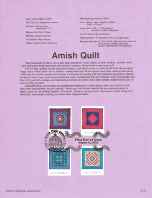 #0137 34c Amish Quilts Stamps #3524-3527 Souvenir Page | eBay
