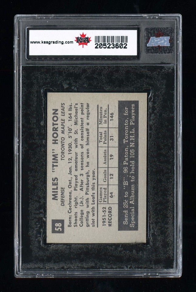 1952 PARKHURST #58 TIM HORTON ROOKIE CARD ~ KSA 9 MINT | eBay