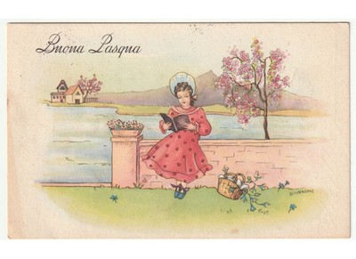 1956 Barnini Little Girl Book Basket Eggs River Country By Country Card ...