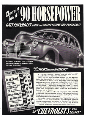 Chevrolet Print Ad Vintage Auto Advertising 90 Horsepower GM Detroit MI ...