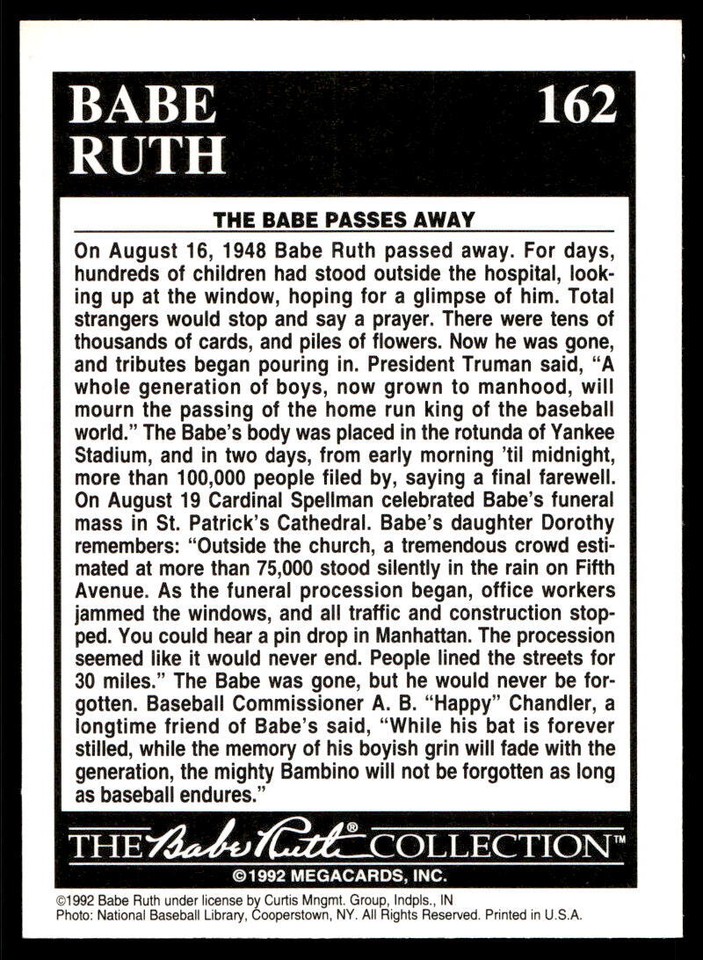 1992 Megacards Babe Ruth 162 Being Remembered Heading for Home | eBay