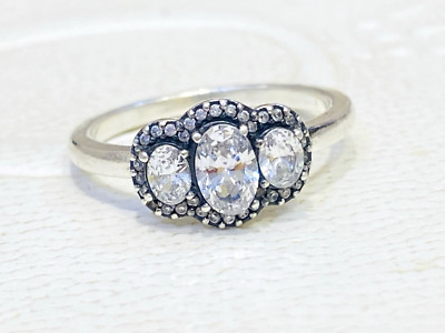 Authentic Pandora Three Stone CZ Vintage Sterling Silver Ring Size 54 ...