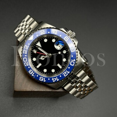 Custom Made GMT Style Watch Automatic Movement Blue White Bezel Silver ...