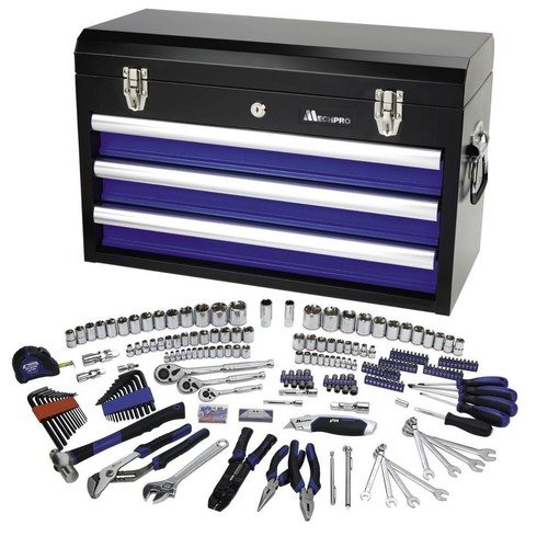 Mechpro Blue Tool Kit with 3 Drawer Chest 1/4In, 3/8In & 1/2In Drive ...